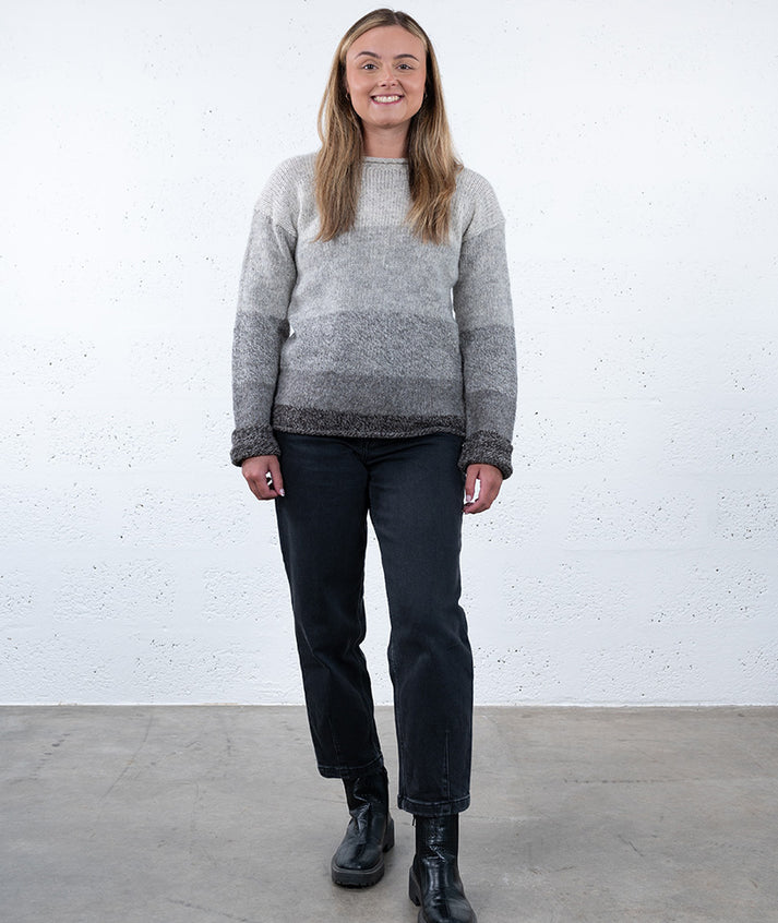 Womens natural undyed Scottish wool striped jumper with feature cuffs ...