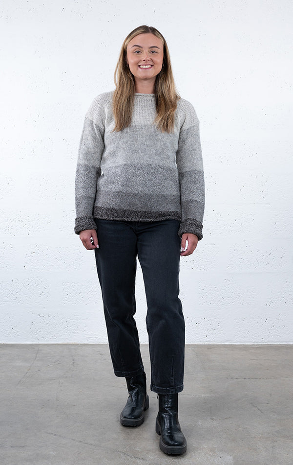 Womens natural undyed Scottish wool striped jumper with feature cuffs ...