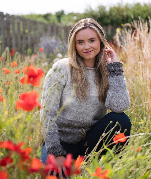 Womens natural undyed Scottish wool striped jumper with feature cuffs ...