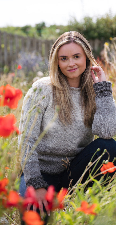 Womens natural undyed Scottish wool striped jumper with feature cuffs ...