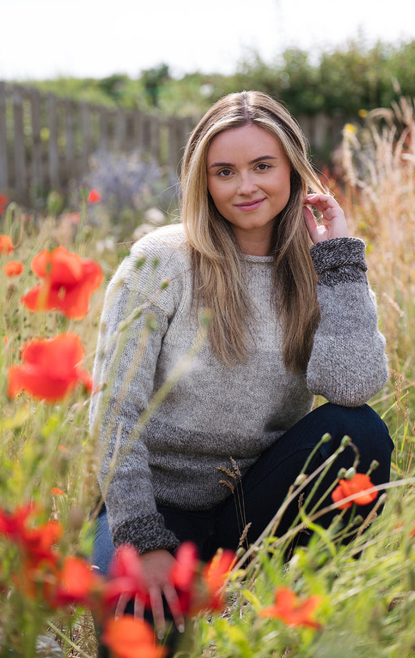 Womens natural undyed Scottish wool striped jumper with feature cuffs ...