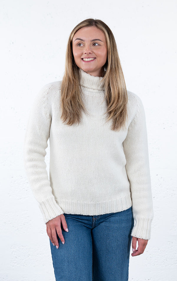 Womens Chunky Geelong Superfine Lambswool Polo Neck Jumper in natural ...