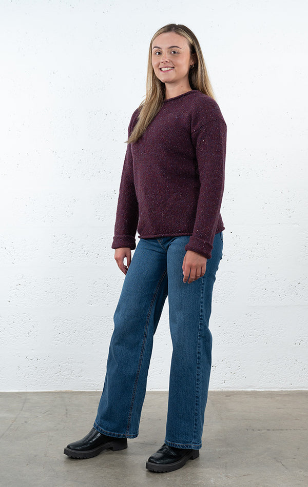 Womens Berry marl Scottish wool drop shoulder jumper with feature cuffs ...
