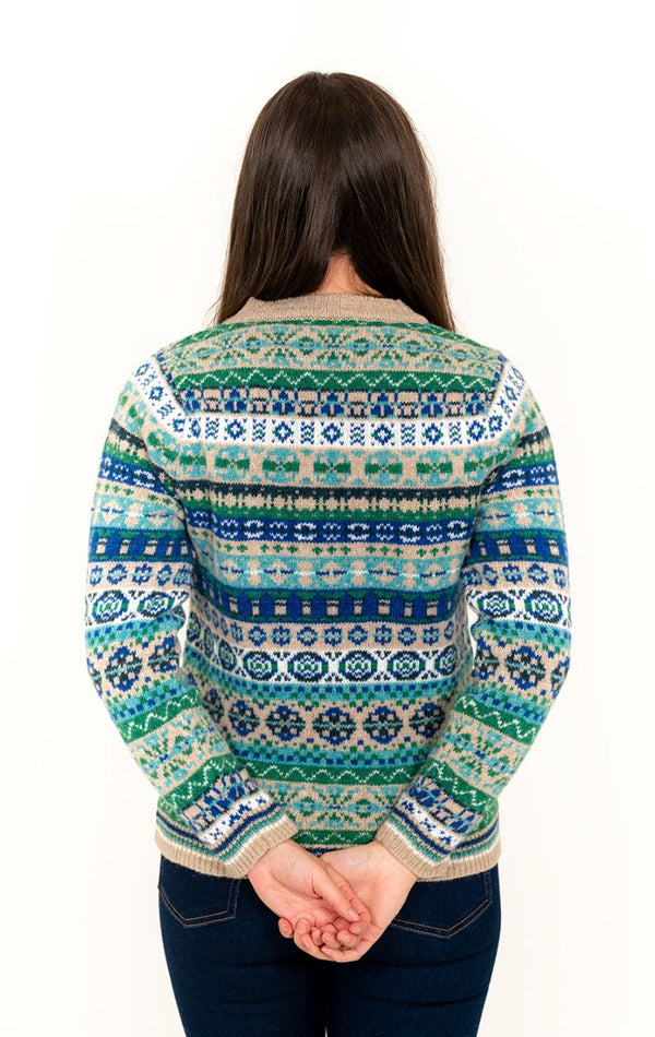 Womens Scottish fair isle jumper in Drumtochty all-over pattern - blue green wool – The Croft House