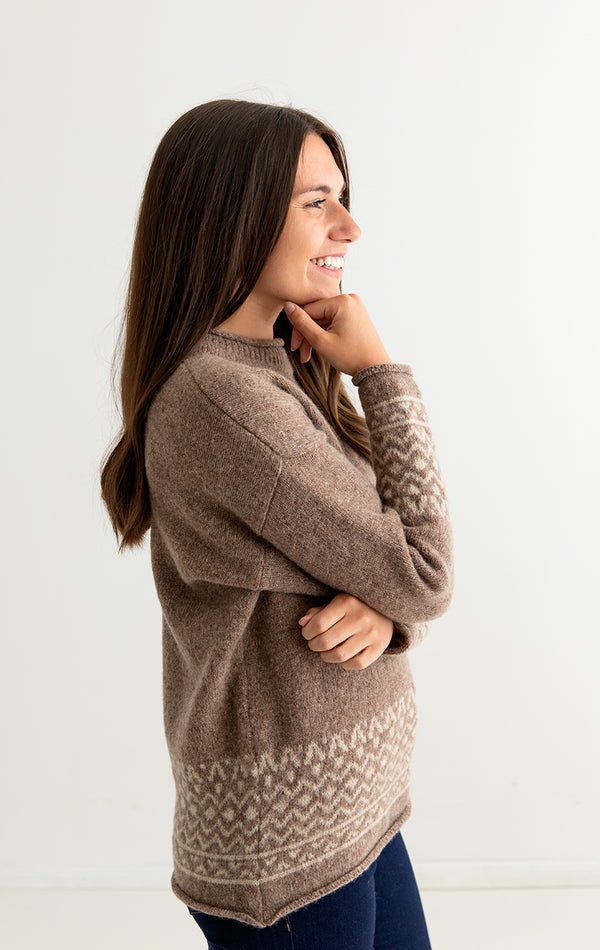 Womens Scottish Wool Relaxed Fair Isle Jumper in Nutmeg brown – The ...