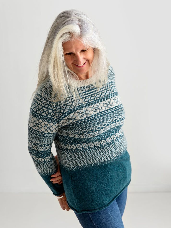 Womens Scottish Wool Lace Fair Isle Tunic Jumper in Storm – The Croft House