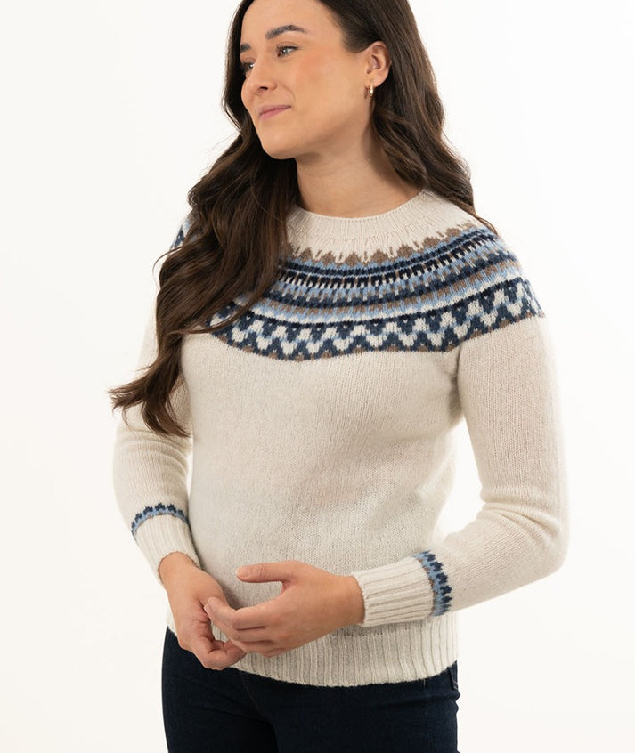 Winter white wool womens fair isle jumper in our Lido pattern. Made in Scotland. – The Croft House