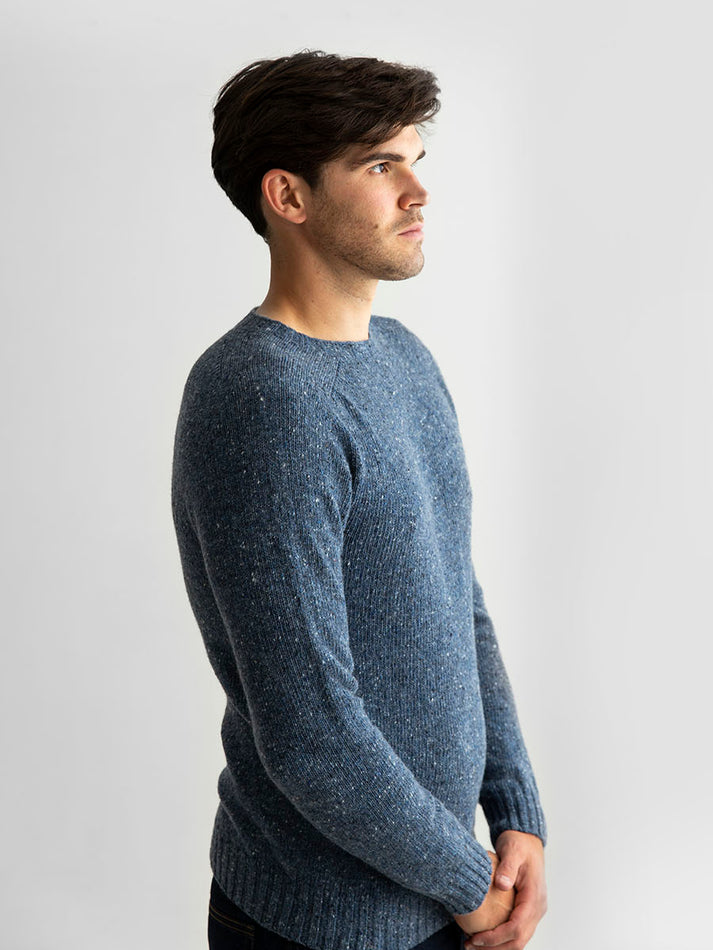 Blue Mens Donegal Merino Lambs wool Seamless Saddle Shoulder Jumper ...