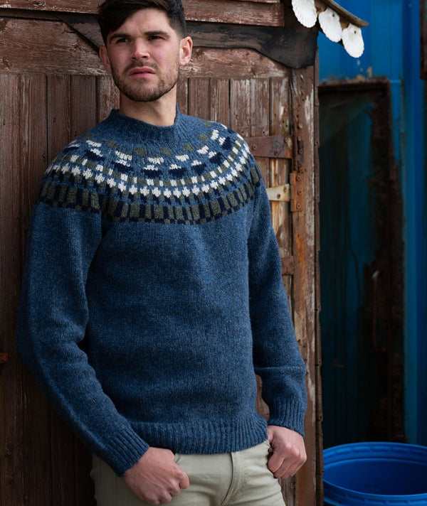Mens Fair isle Yoke Jumper in "Staffa" pattern - denim blue Scottish ...