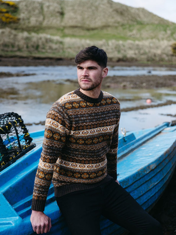 Mens Fair isle Jumper in Autumn brown "Drumtochty" pattern. Made in ...