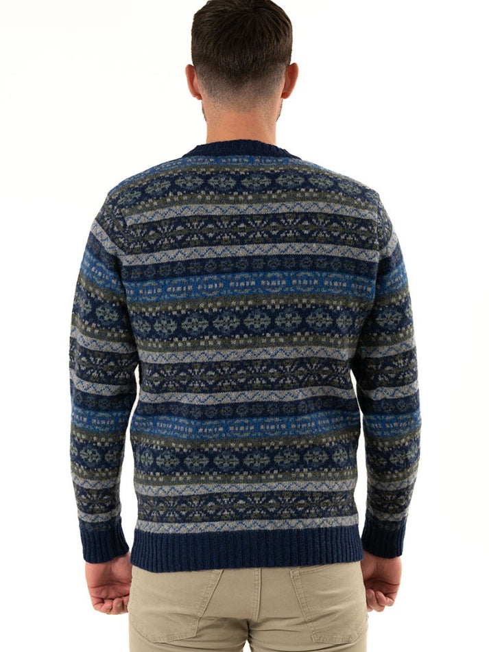 Mens Fair isle Jumper in blue "Drumtochty" pattern. Made in Scotland ...