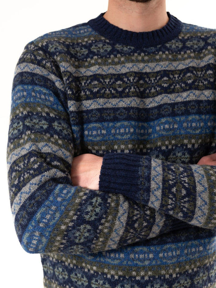 Mens Fair isle Jumper in blue "Drumtochty" pattern. Made in Scotland ...