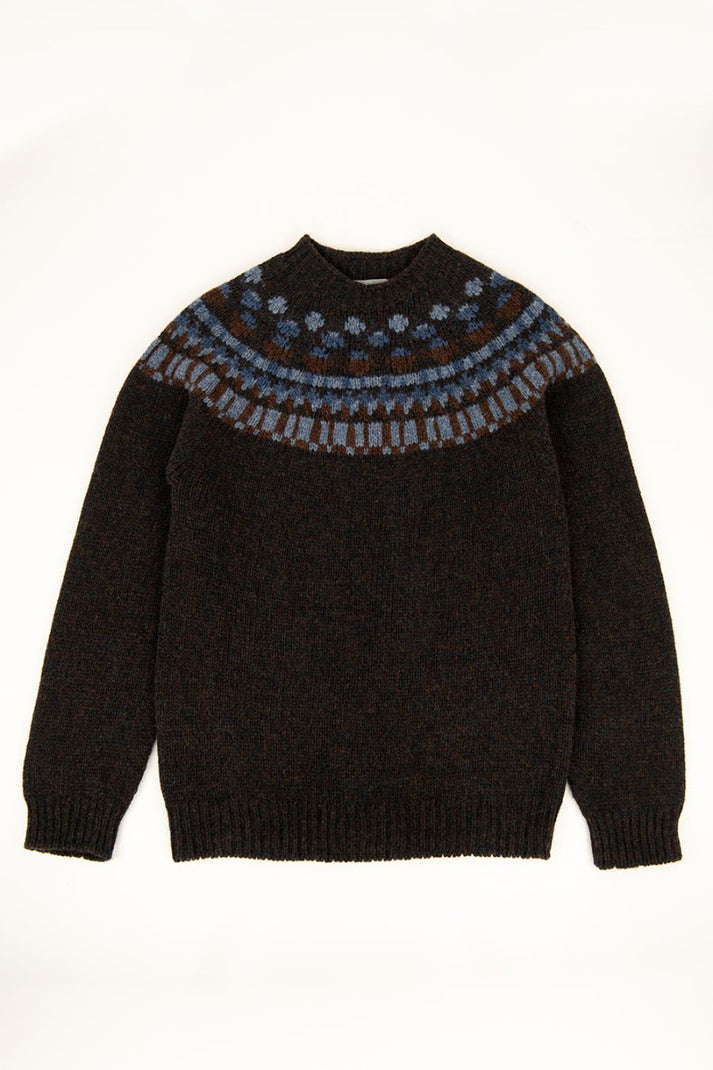 Mens Fair isle Yoke Jumper. Brown & blue Scottish wool. Staffa pattern ...