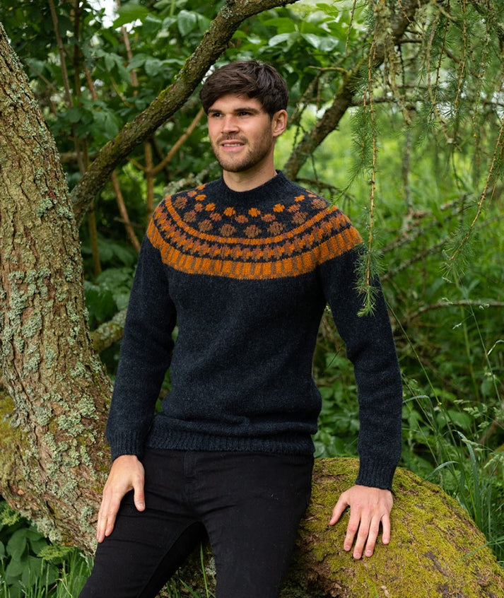 Mens Fair isle Yoke Jumper in "Staffa" pattern - Charcoal and orange ...