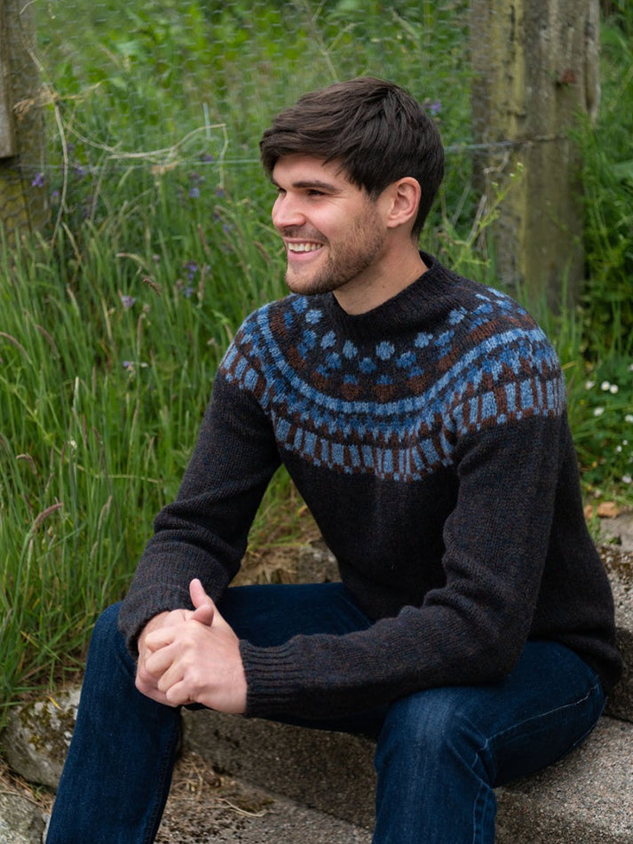 Mens Fair isle Yoke Jumper in "Staffa" pattern - Brown and blue ...