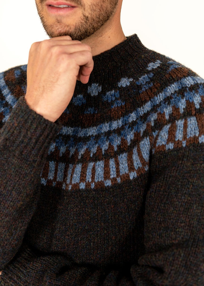 Mens Fair isle Yoke Jumper. Brown & blue Scottish wool. Staffa pattern ...