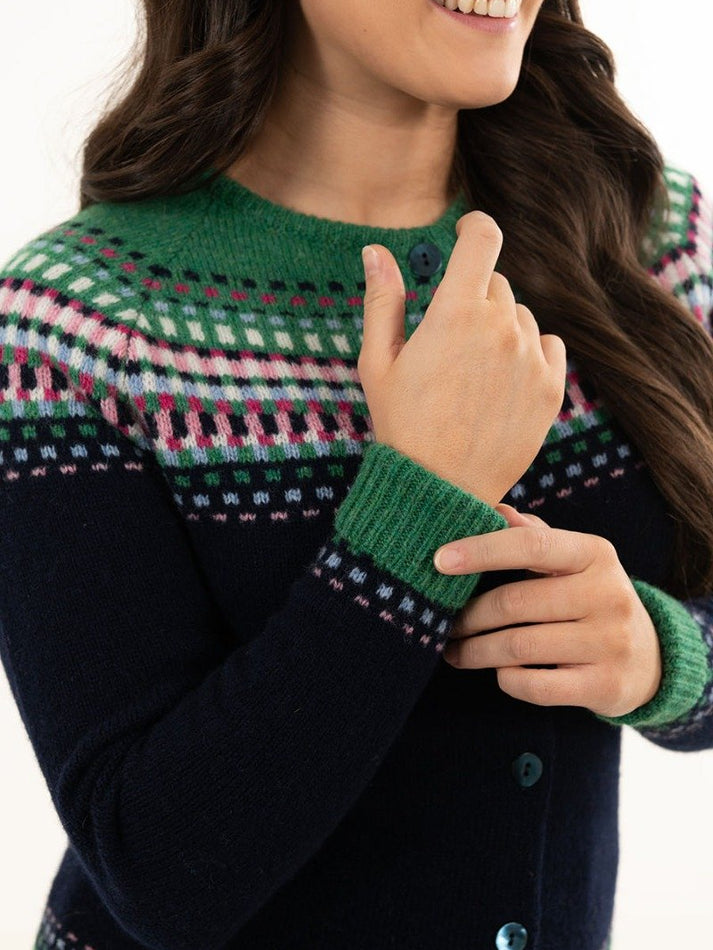Womens navy Fairisle cardigan in British Wool. Modern "Building Blocks ...