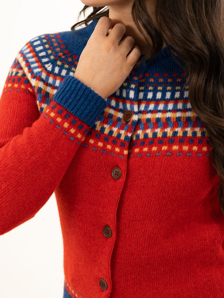 Womens Scottish Wool "Building Blocks" Scarlet Red Fair Isle Cardigan ...