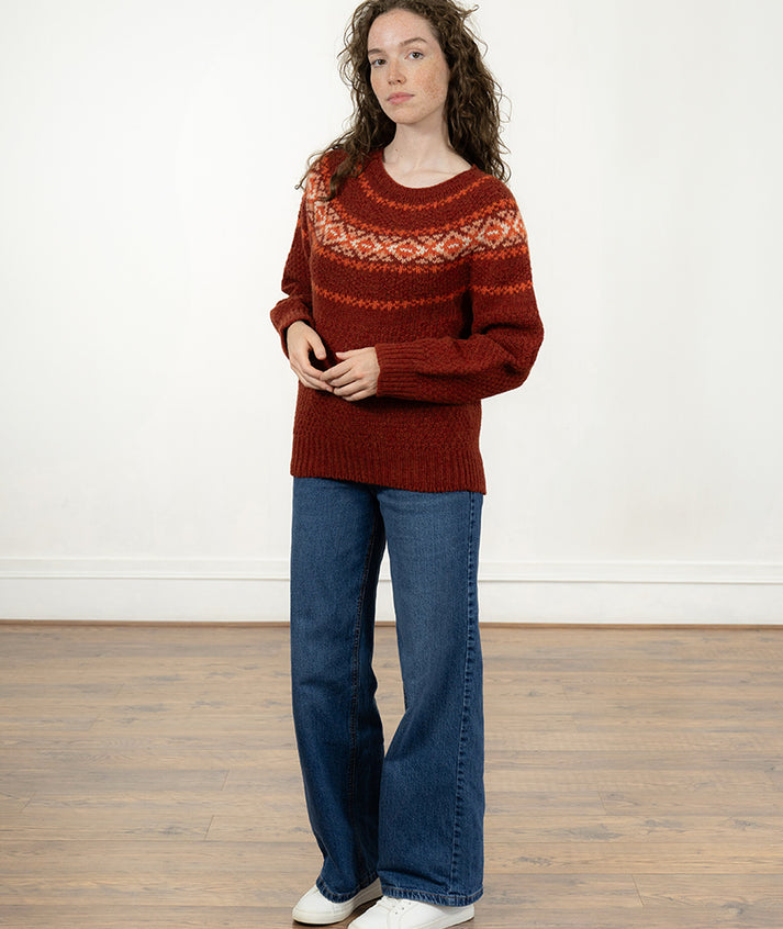 Womens Textured Chunky Knit Wool Yoke Fair Isle Jumper in Russet red ...