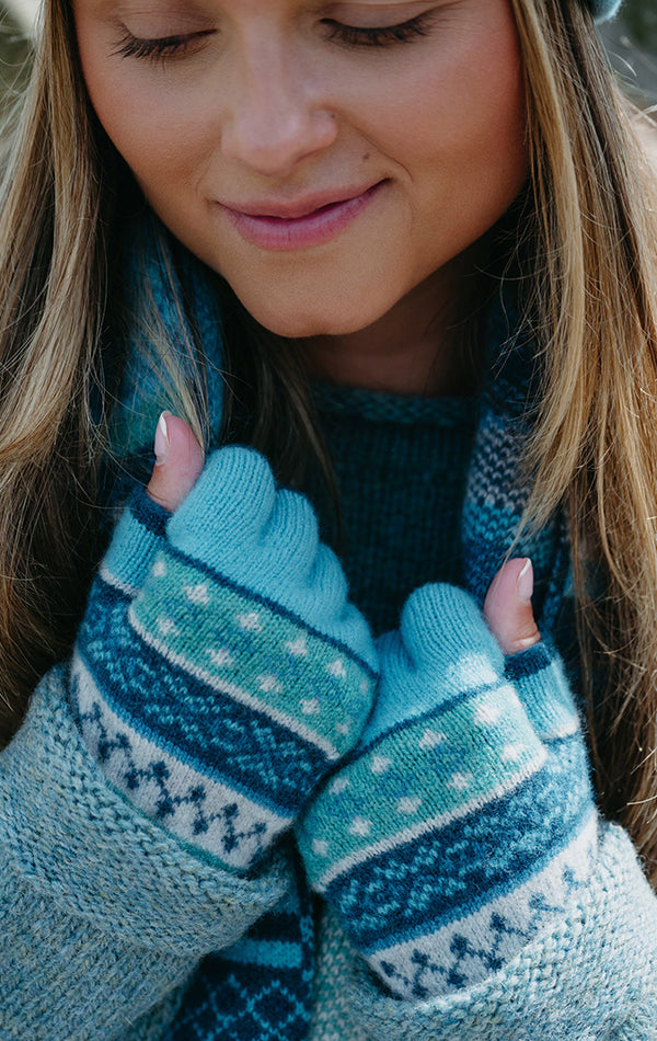 Fair isle fingerless gloves in turquoise lambswool featuring our ...