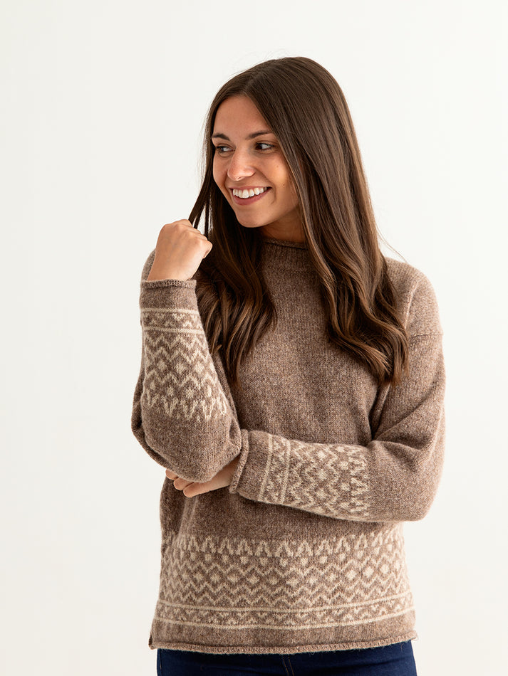 Womens Scottish Wool Relaxed Fair Isle Jumper in Nutmeg brown – The ...