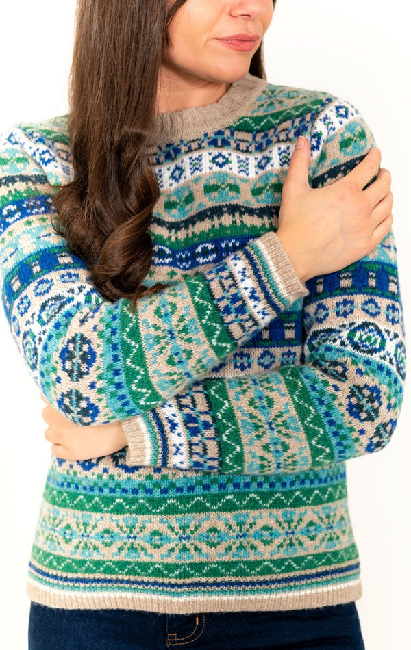 Womens Scottish fair isle jumper in Drumtochty all-over pattern - blue ...