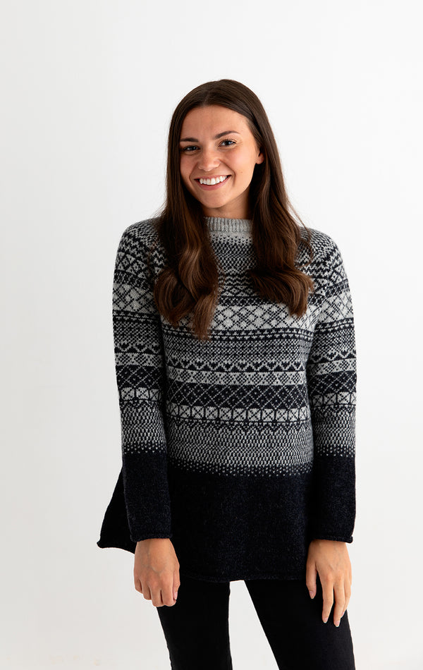 Womens Scottish Wool Lace Fair Isle Tunic Jumper in Charcoal Grey – The ...