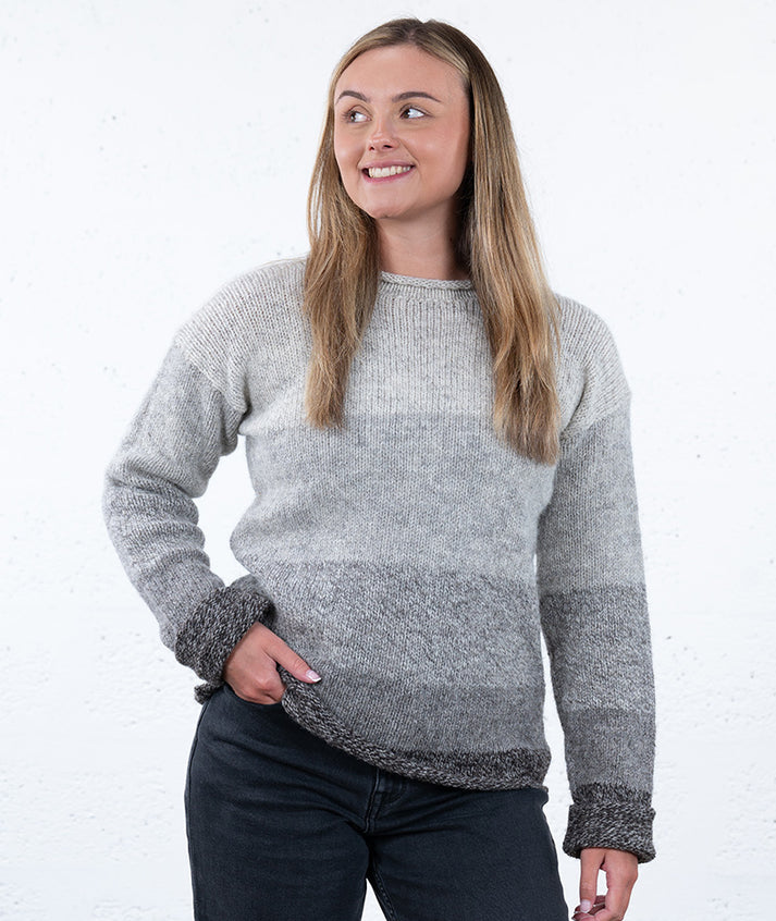 Womens natural undyed Scottish wool striped jumper with feature cuffs ...