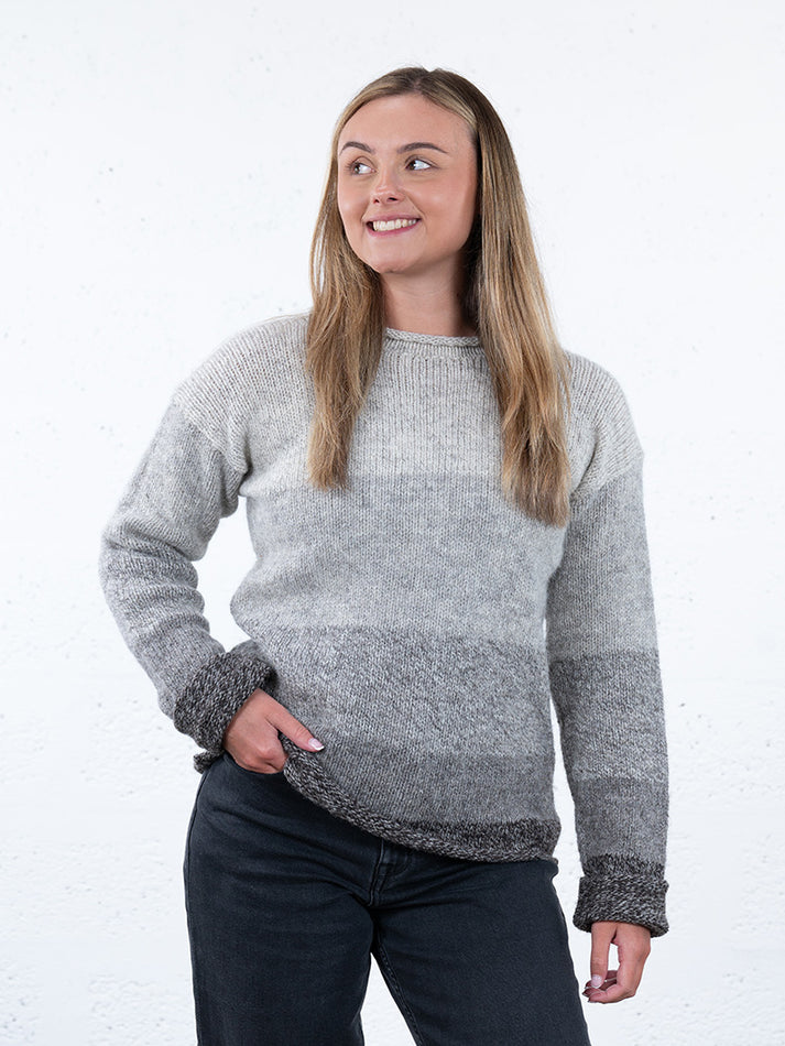 Womens natural undyed Scottish wool striped jumper with feature cuffs ...