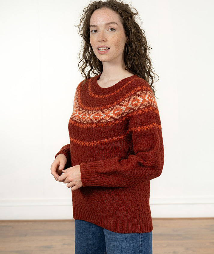 Womens Textured Chunky Knit Wool Yoke Fair Isle Jumper in Russet red ...