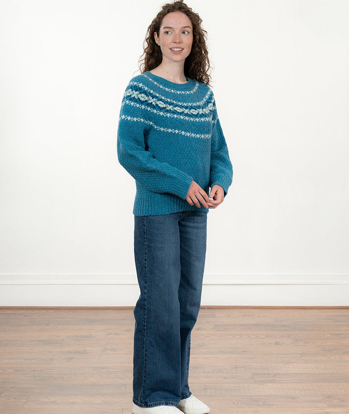 Womens Textured Chunky Knit Wool Yoke Fair Isle Jumper in Turquoise ...