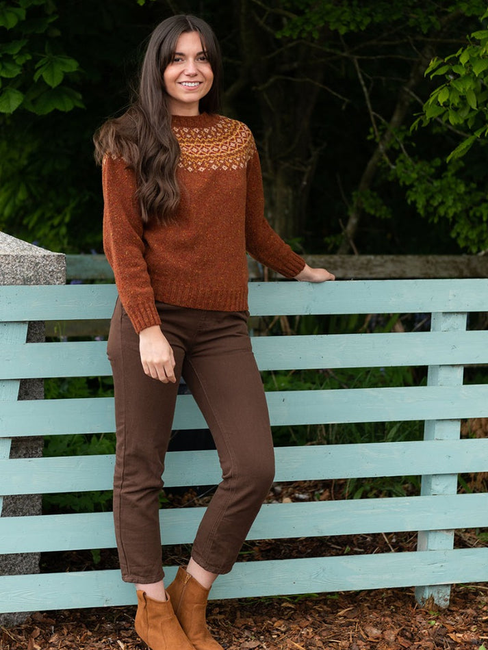 Womens Scottish Wool Croft Yoke Fair Isle Jumper in Rust brown – The ...
